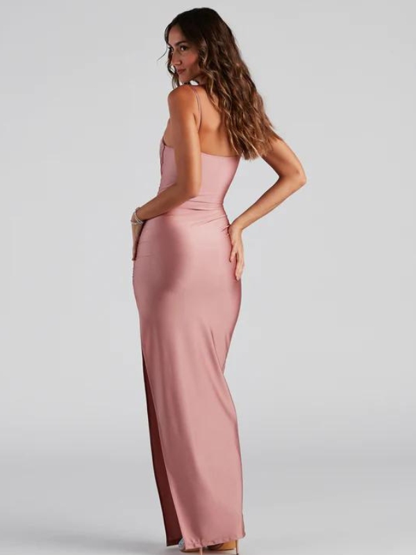 Sleek Spaghetti Straps Mauve Satin Dress | Lavender